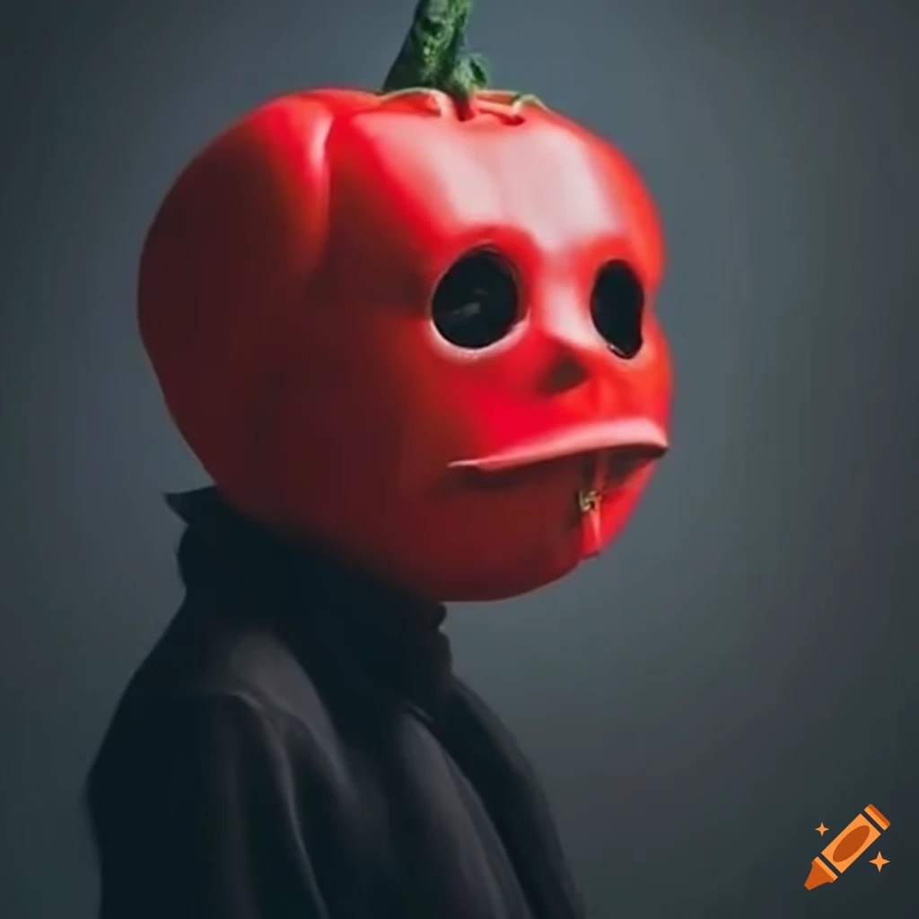 Person wearing a tomato mask holding an umbrella on Craiyon