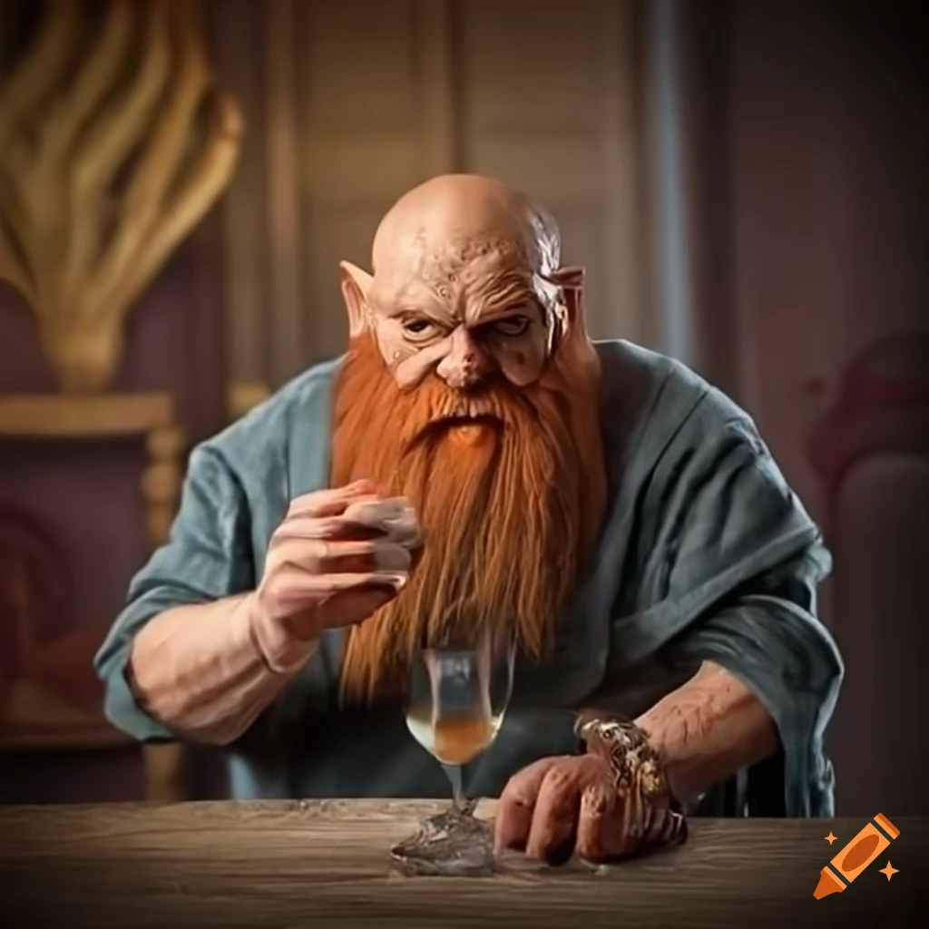 Middle aged dwarf cleric enjoying a drink in a fantasy setting on Craiyon
