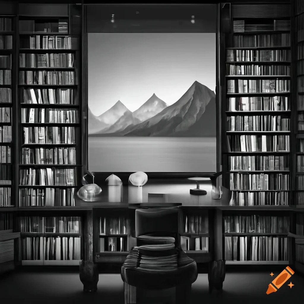 Realistic black and white library with a mountain view on Craiyon
