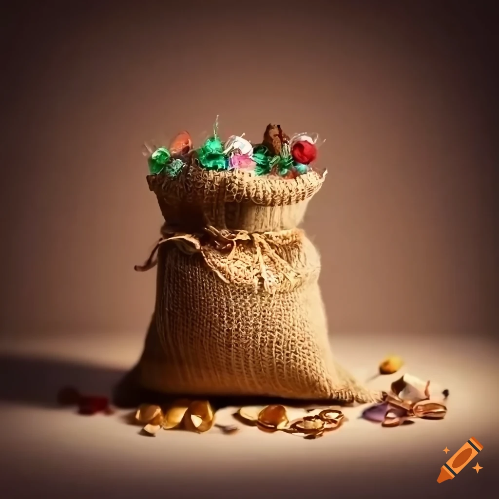 Overflowing burlap sack with small presents, tinsel, and decorations on ...