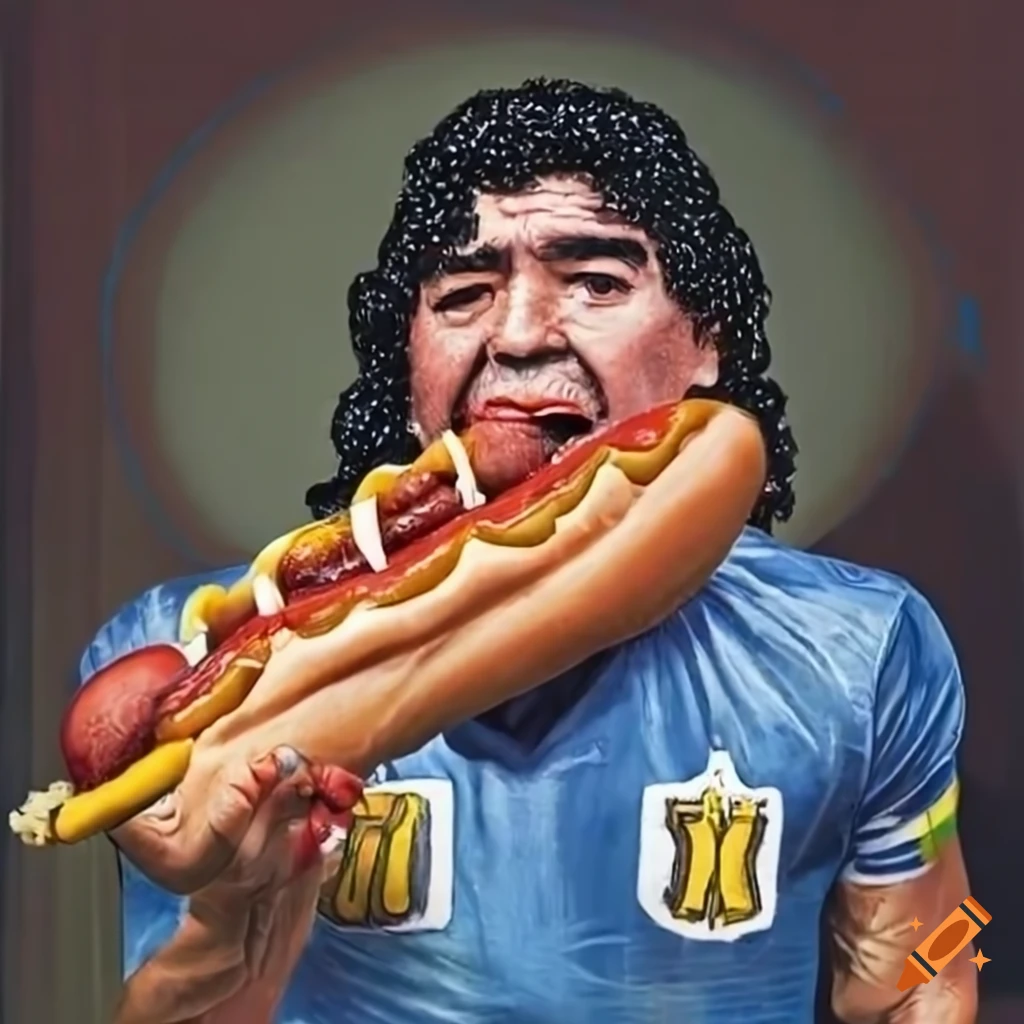 Diego maradona eating a hot dog in hyper-realistic style on Craiyon
