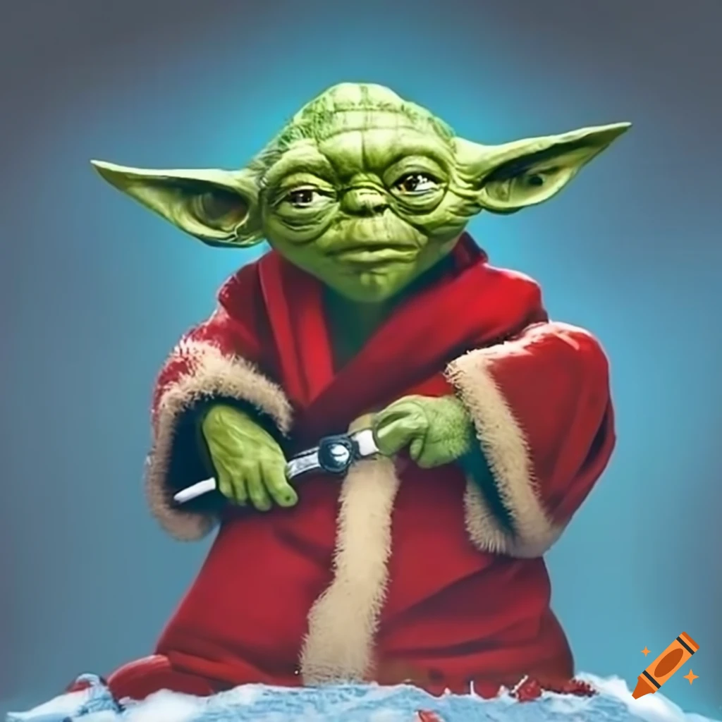 Mischievous Santa Claus in Jedi Master Yoda attire in a snowy landscape ...