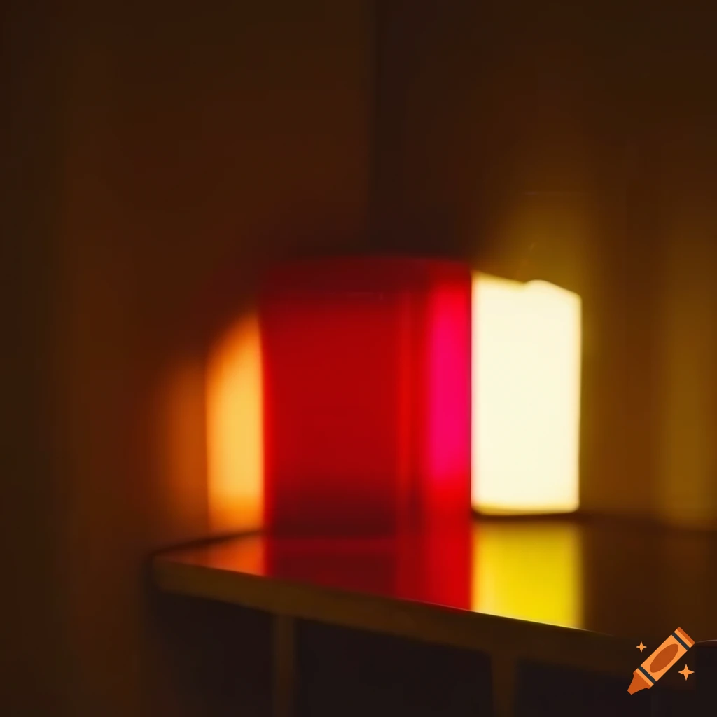 Unique light red and light yellow solid objects on shelf in old dark ...