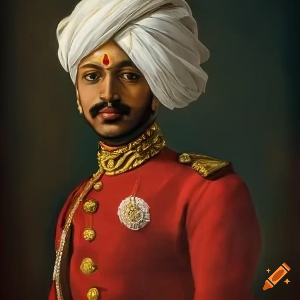 Vermeer style painting of a tamil king in red military uniform and ...