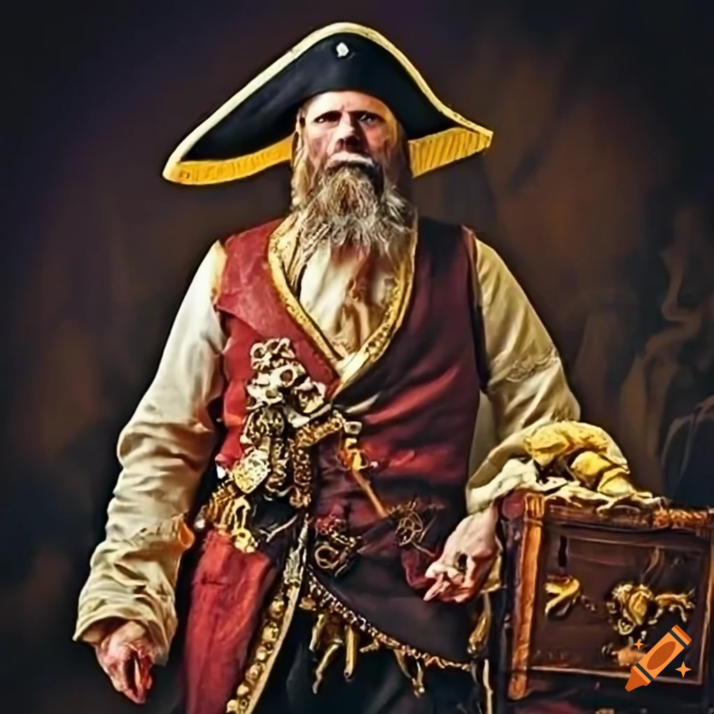 Pirate captain with a chest full of gold on Craiyon