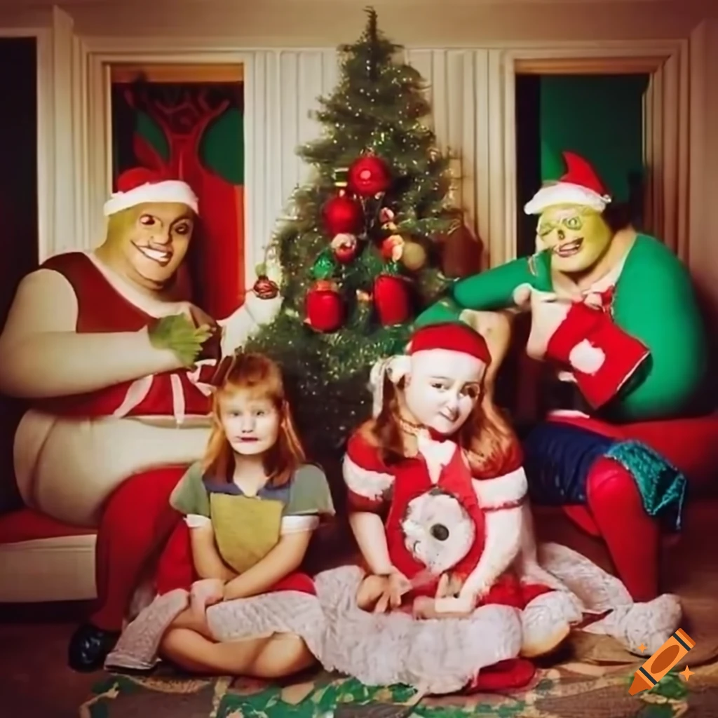 Shrek family celebrating christmas in 1983 on Craiyon
