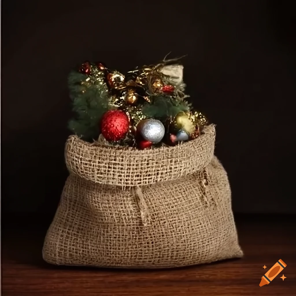 Overflowing burlap sack with small presents, tinsel, trimmings, food ...