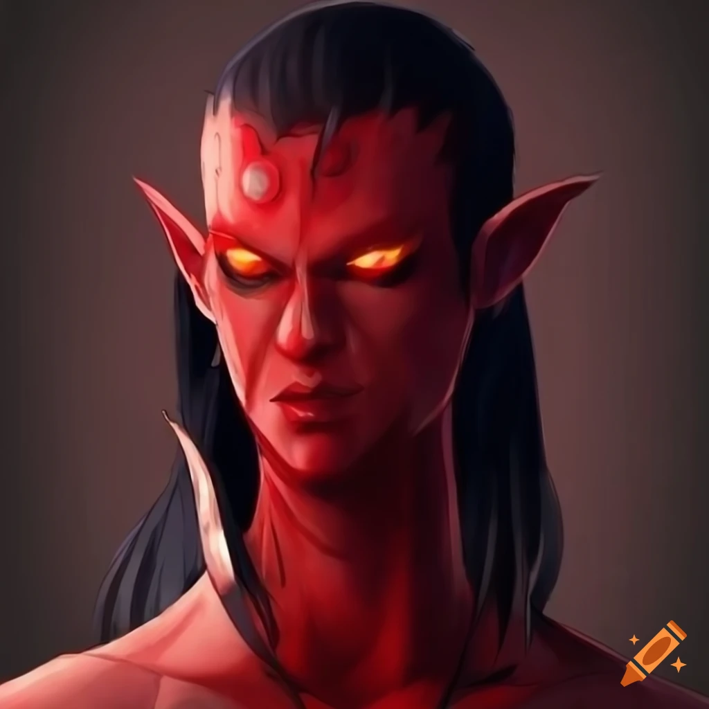 Ukiyo-e anime demon with slicked back hair, red skin, and goat horns on ...