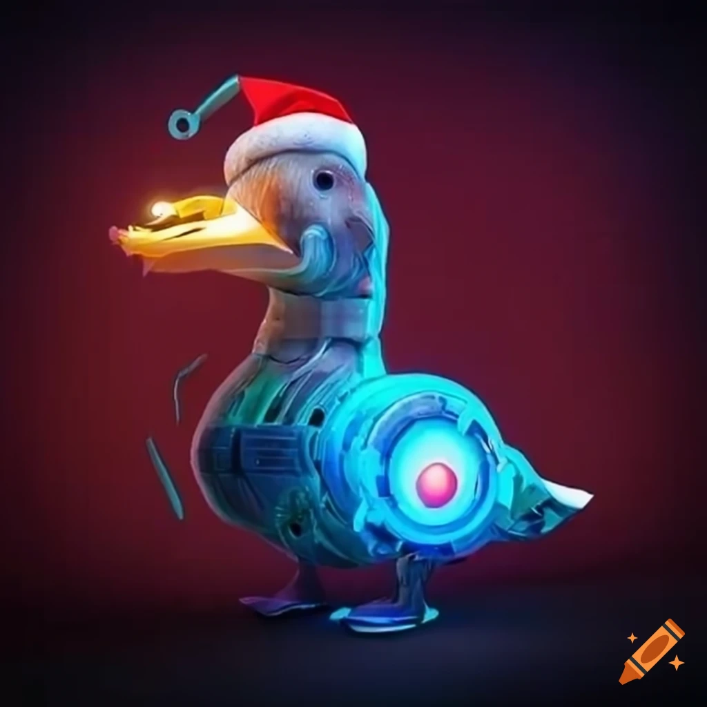 Sci-fi Christmas duck with glowing eyes and cybernetic gears on Craiyon
