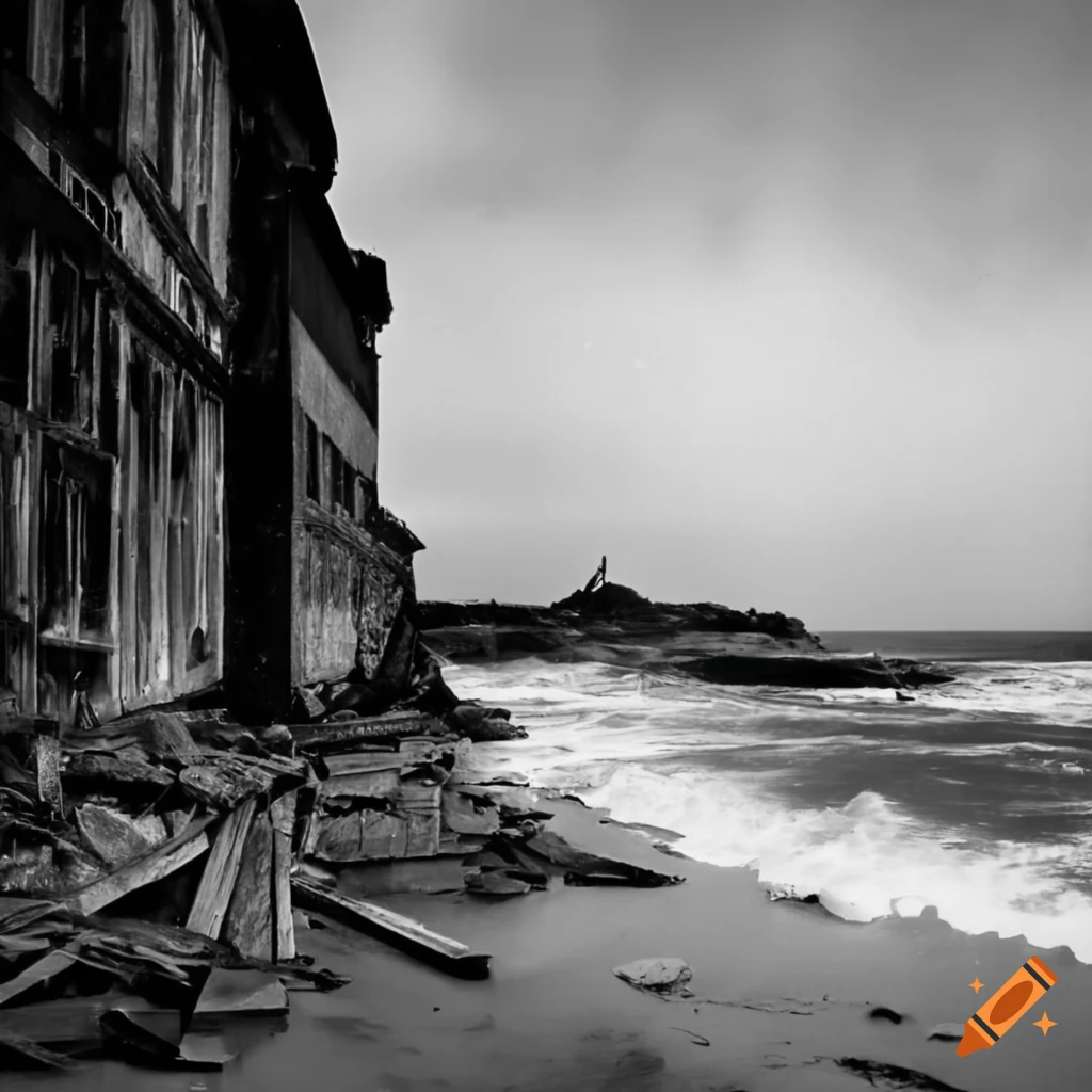 1930s art of broken buildings and homes crashing into the ocean on Craiyon