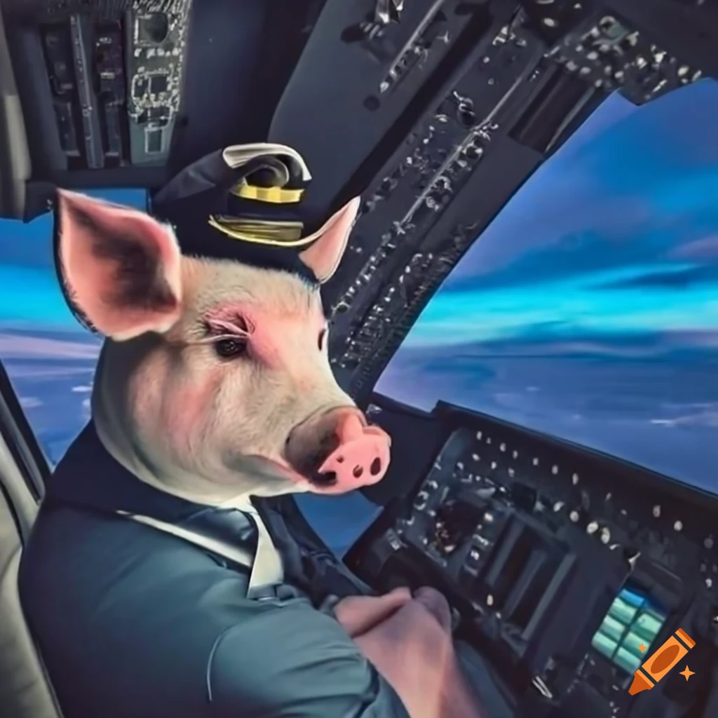 Pig in pilot's seat of boeing 787 aircraft wearing uniform and hat on ...