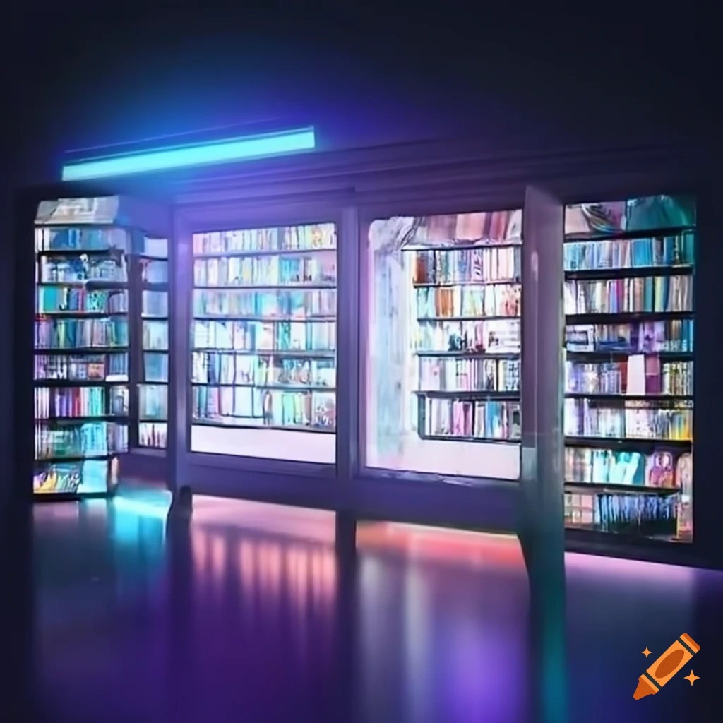 High-tech bookstore with digital books on holographic shelves on Craiyon