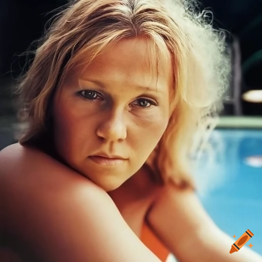 Portrait of young Agnetha Fältskog at a summer swimming pool on Craiyon
