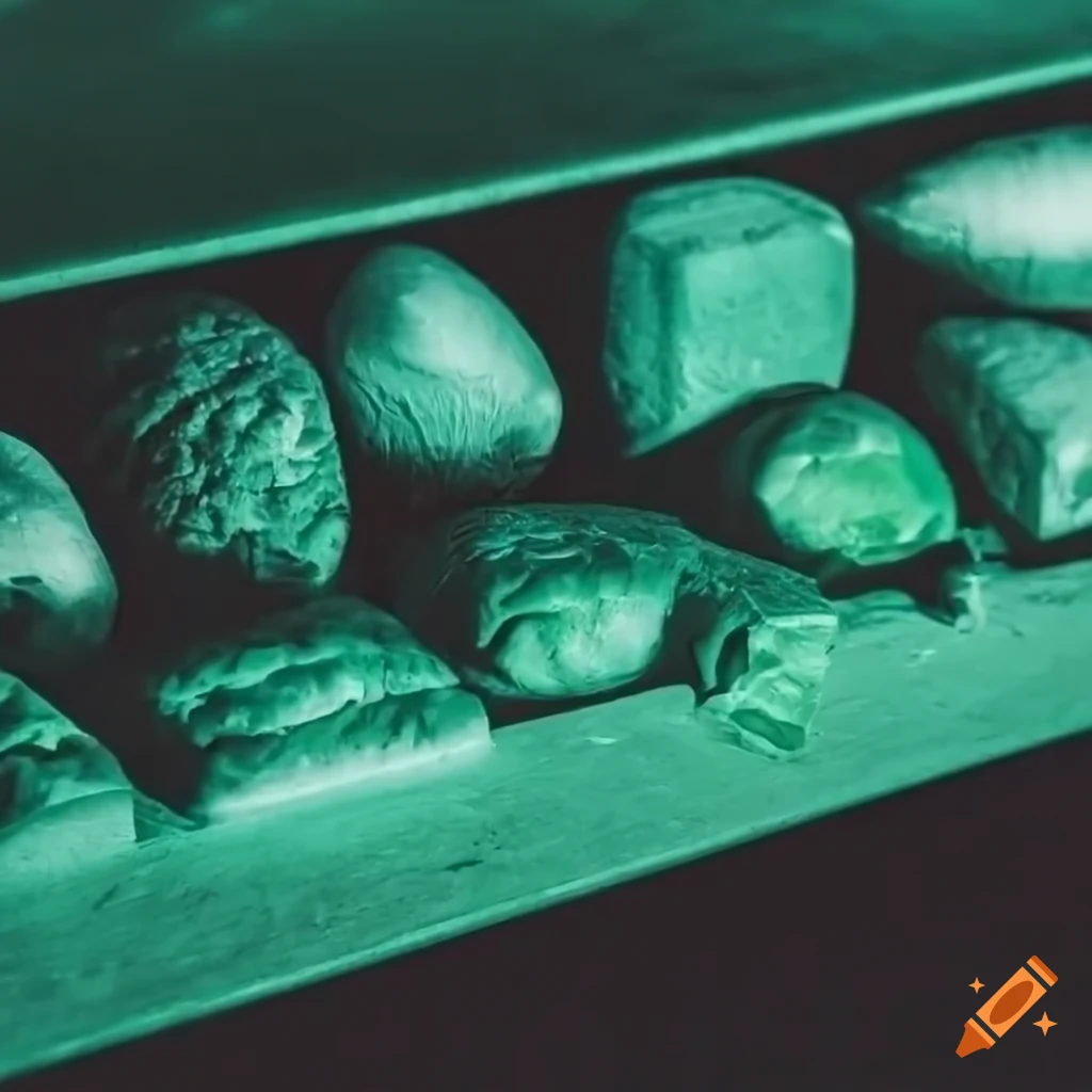 Unusual solid objects on a shelf in an old dark hotel room with strong ...