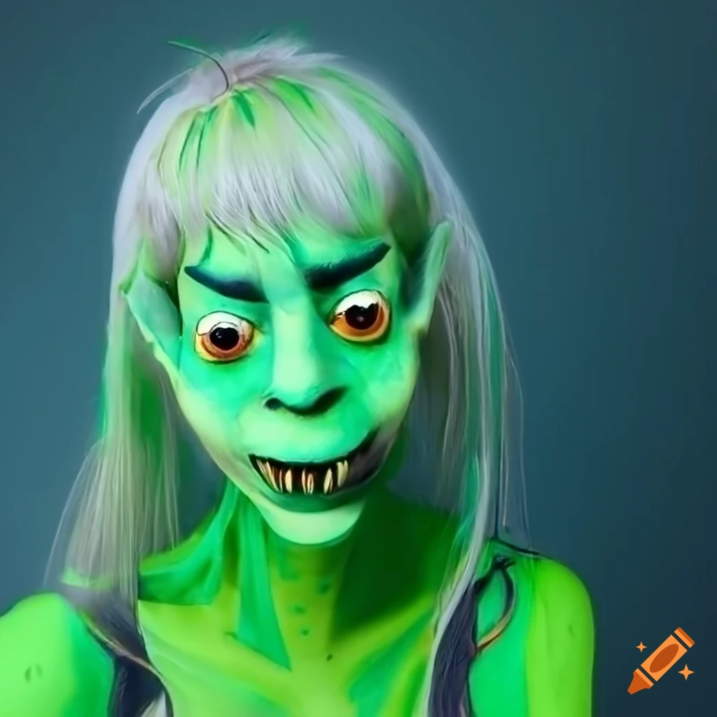 Green hair, long white and gold roman old orthodox dress, fairy wings ...