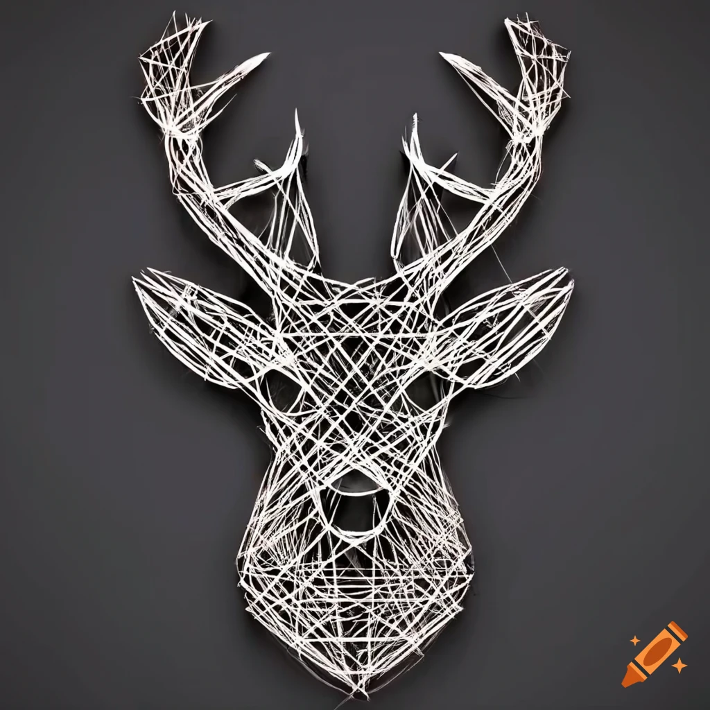 Abstract black and white string art of a deer head on Craiyon