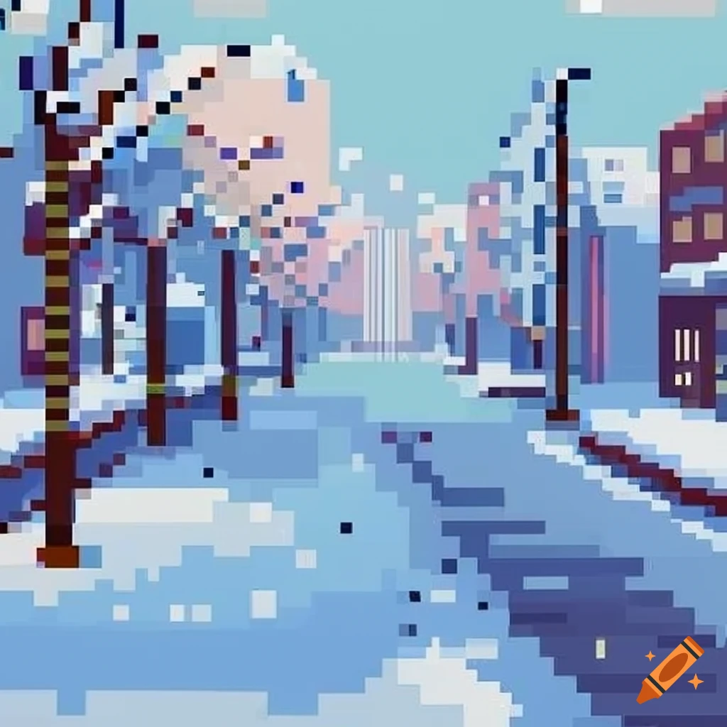 Snowy small city scene in pixel art on Craiyon
