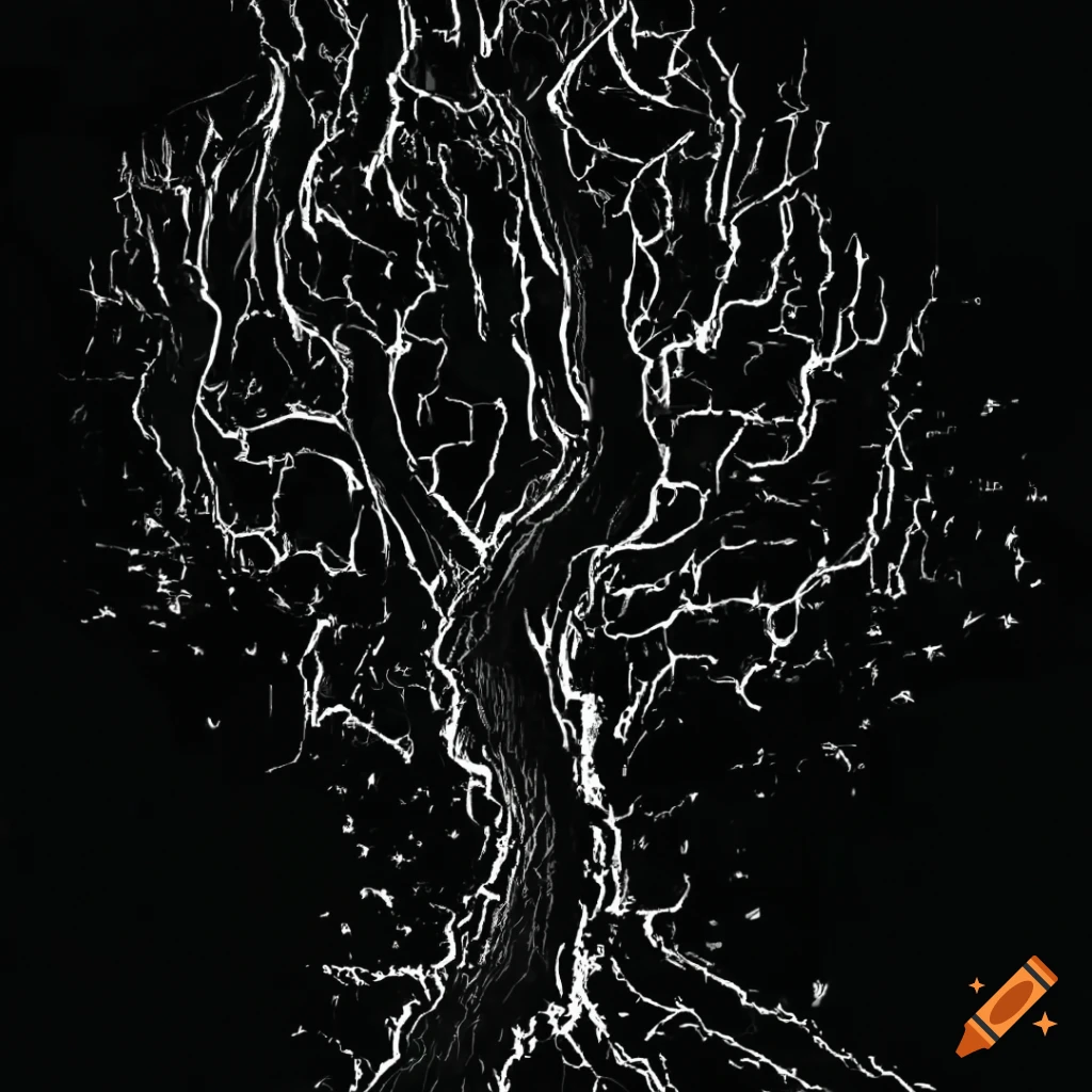 Horror glitchy tree outline in black and white on Craiyon