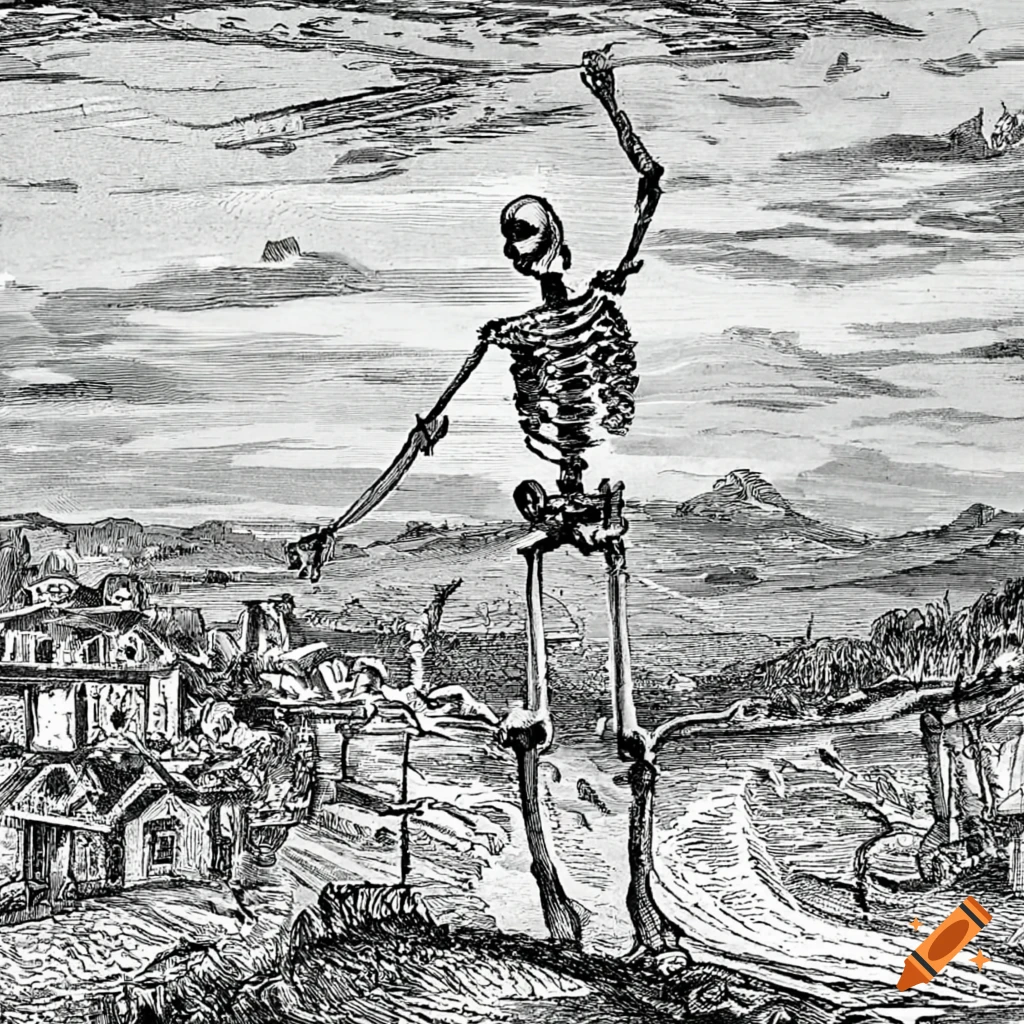 Engraved depiction of giant skeletons marching towards a distant town ...