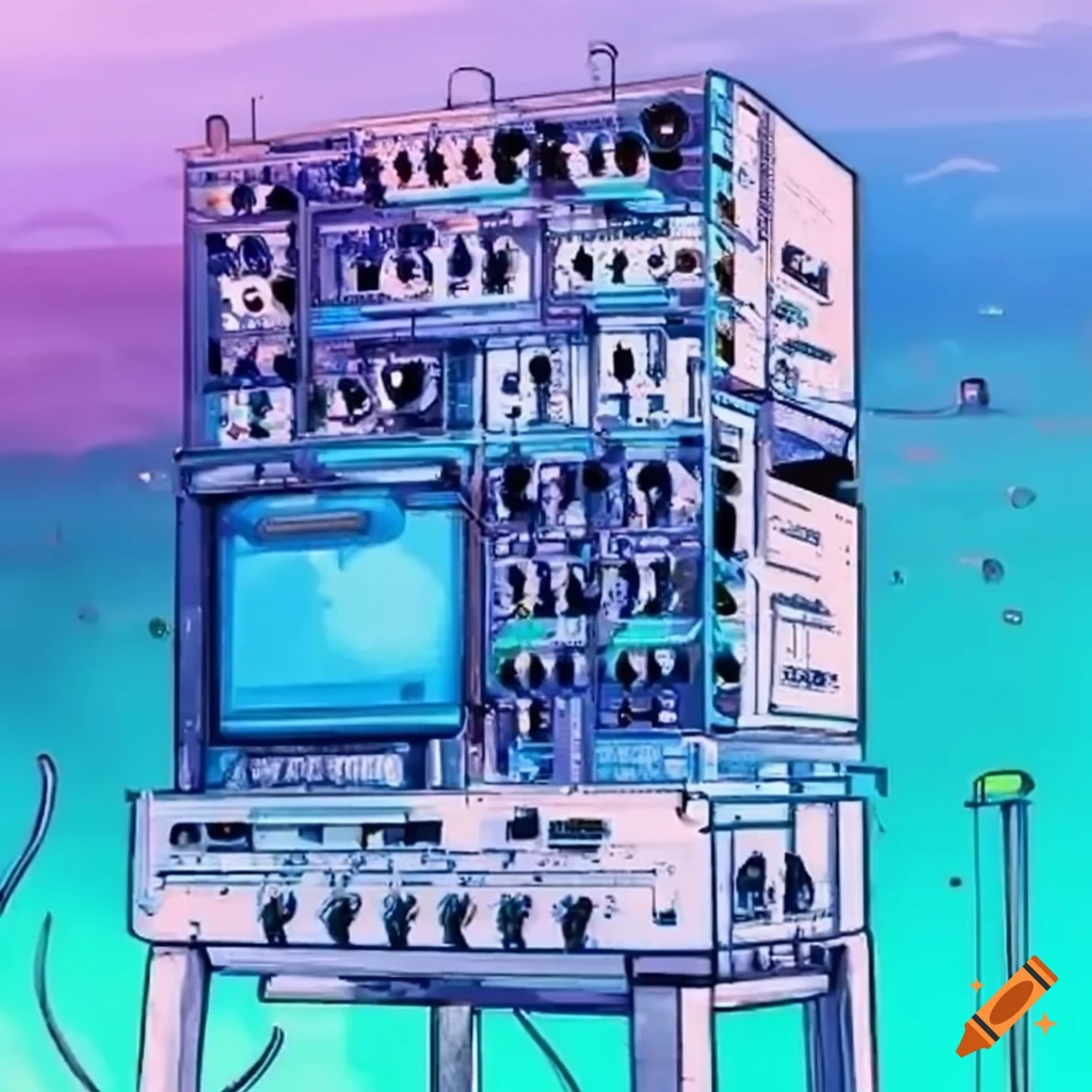 Euro rack modular synthesizer against a blue sky on Craiyon