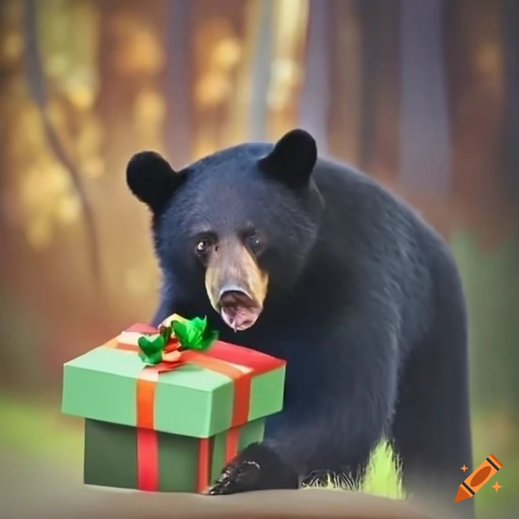 Black bear holding a christmas present on Craiyon