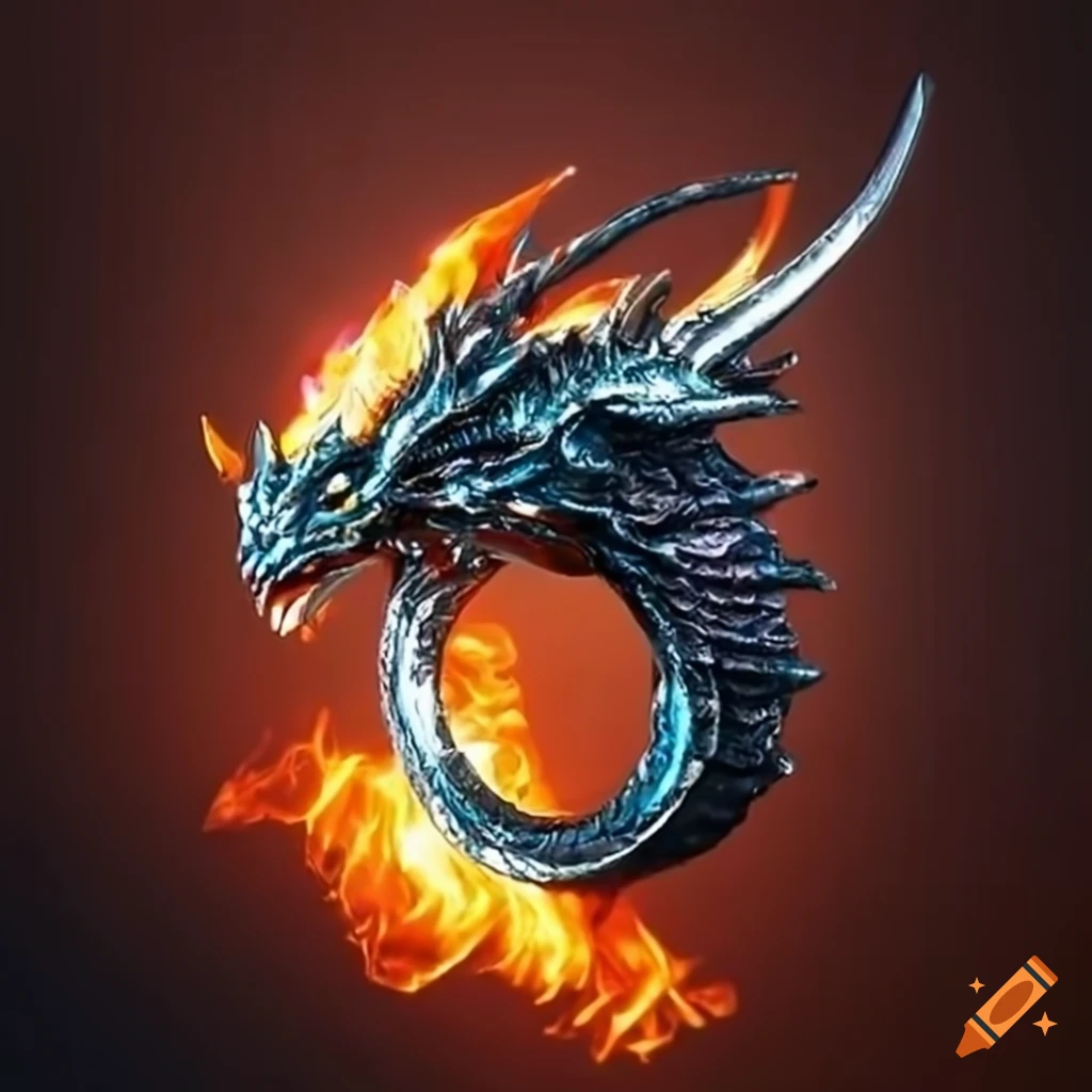 Fire breathing dragon inside a futuristic metallic ring on Craiyon