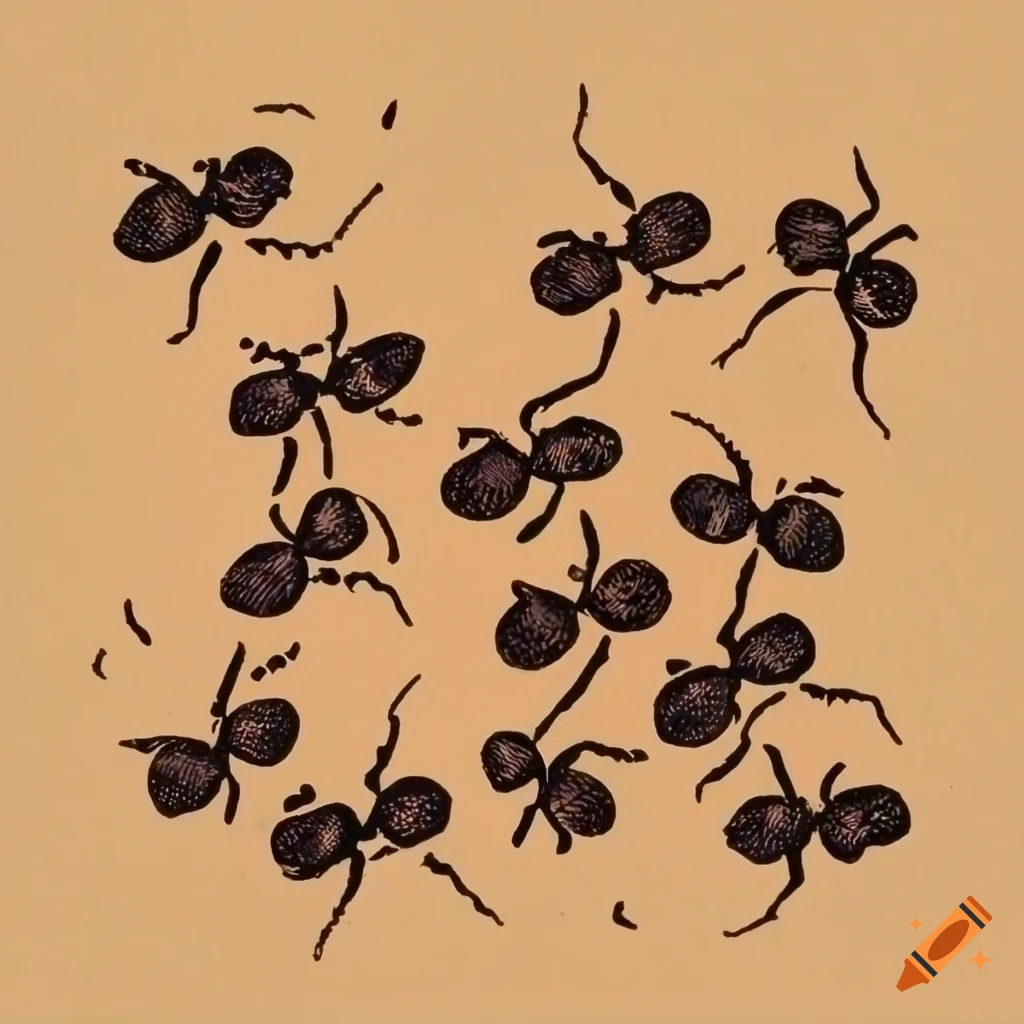 Ants gathering around a dinosaur footprint in linocut style on Craiyon