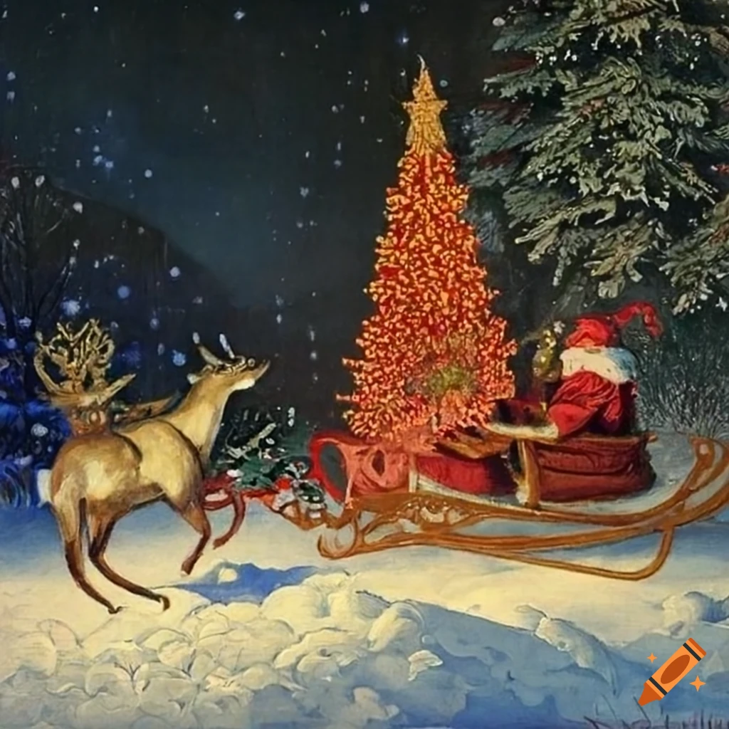 Festive holiday scene with Father Christmas in a winter wonderland with ...