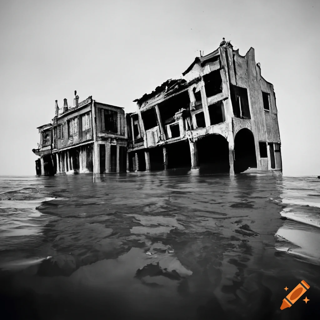 1930s art black and white photo of broken buildings and homes crashing ...