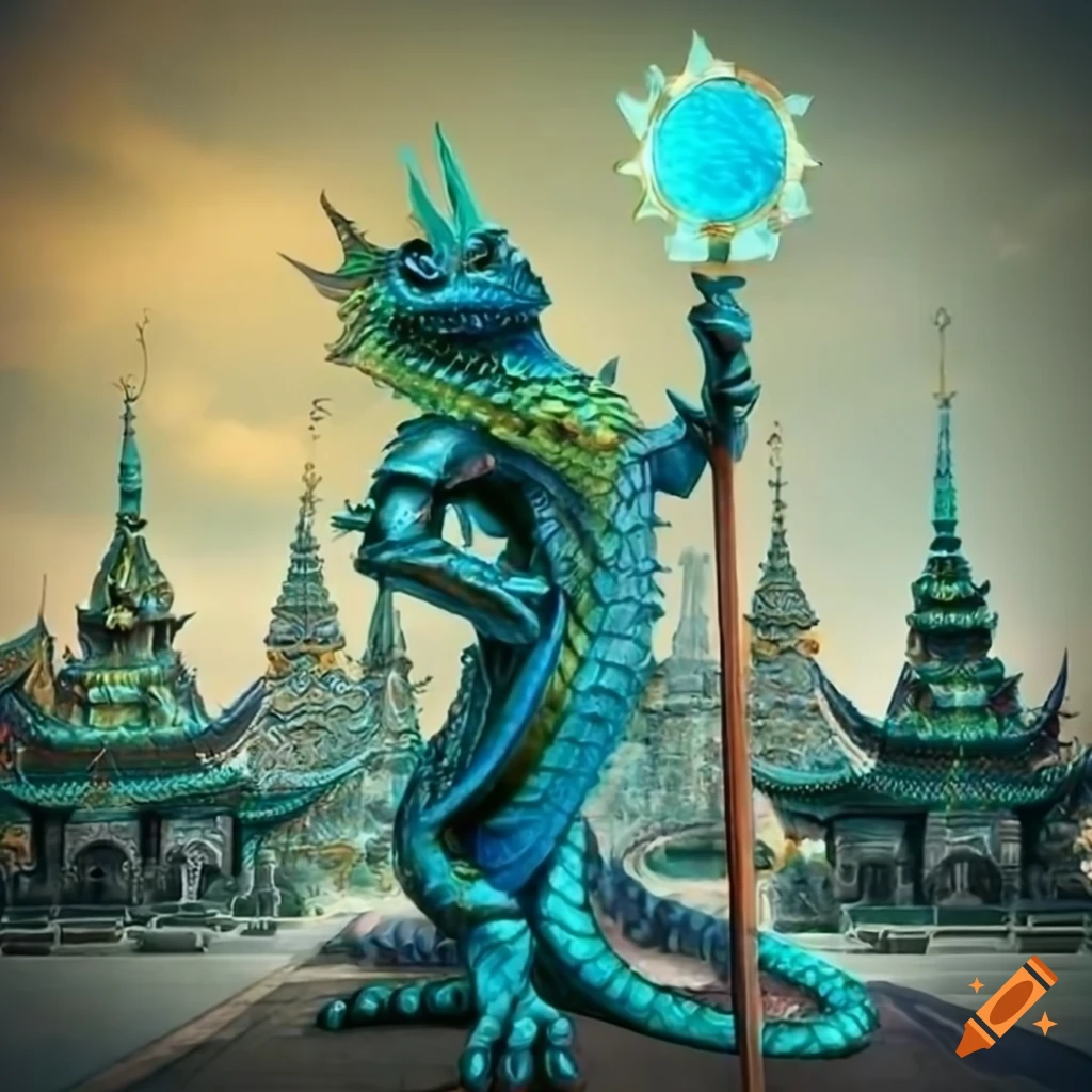 Salamander dragon knight holding monstrance in front of temple on Craiyon