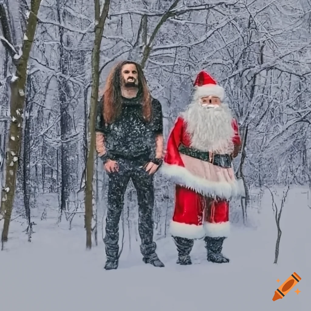 Metalhead and santa claus standing together with winter scenery in the ...