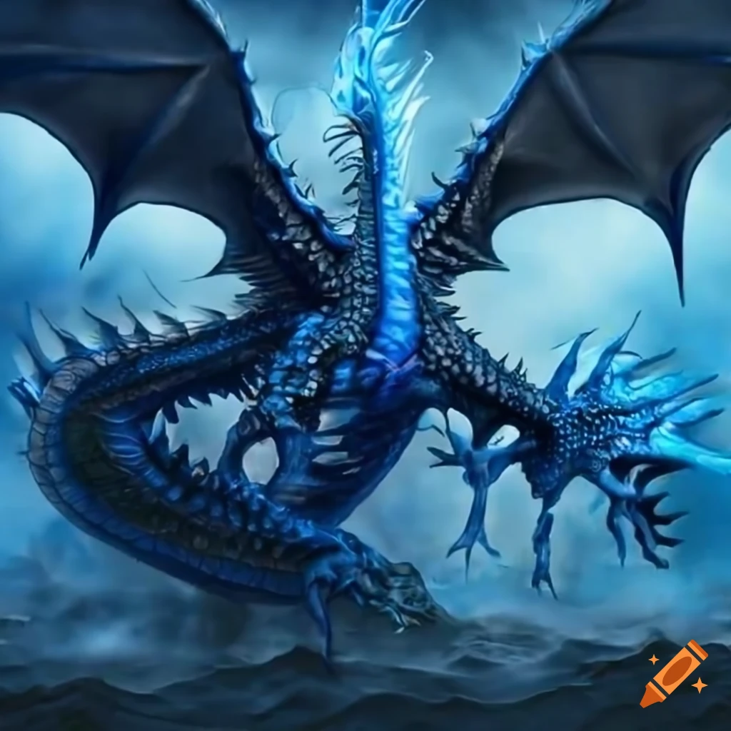 Huge blue dragon with blue fire around it on Craiyon