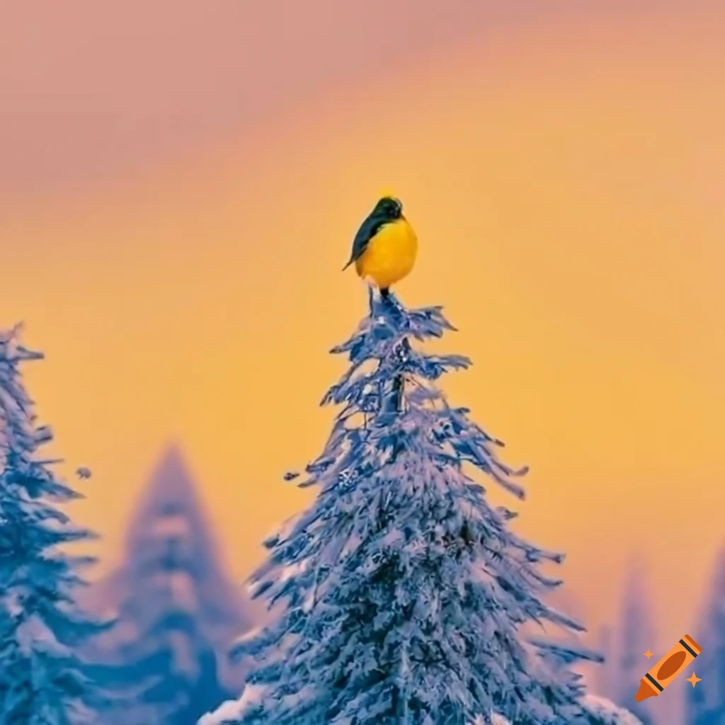 Snowy field with fir trees and a yellow bird perched on a branch on Craiyon