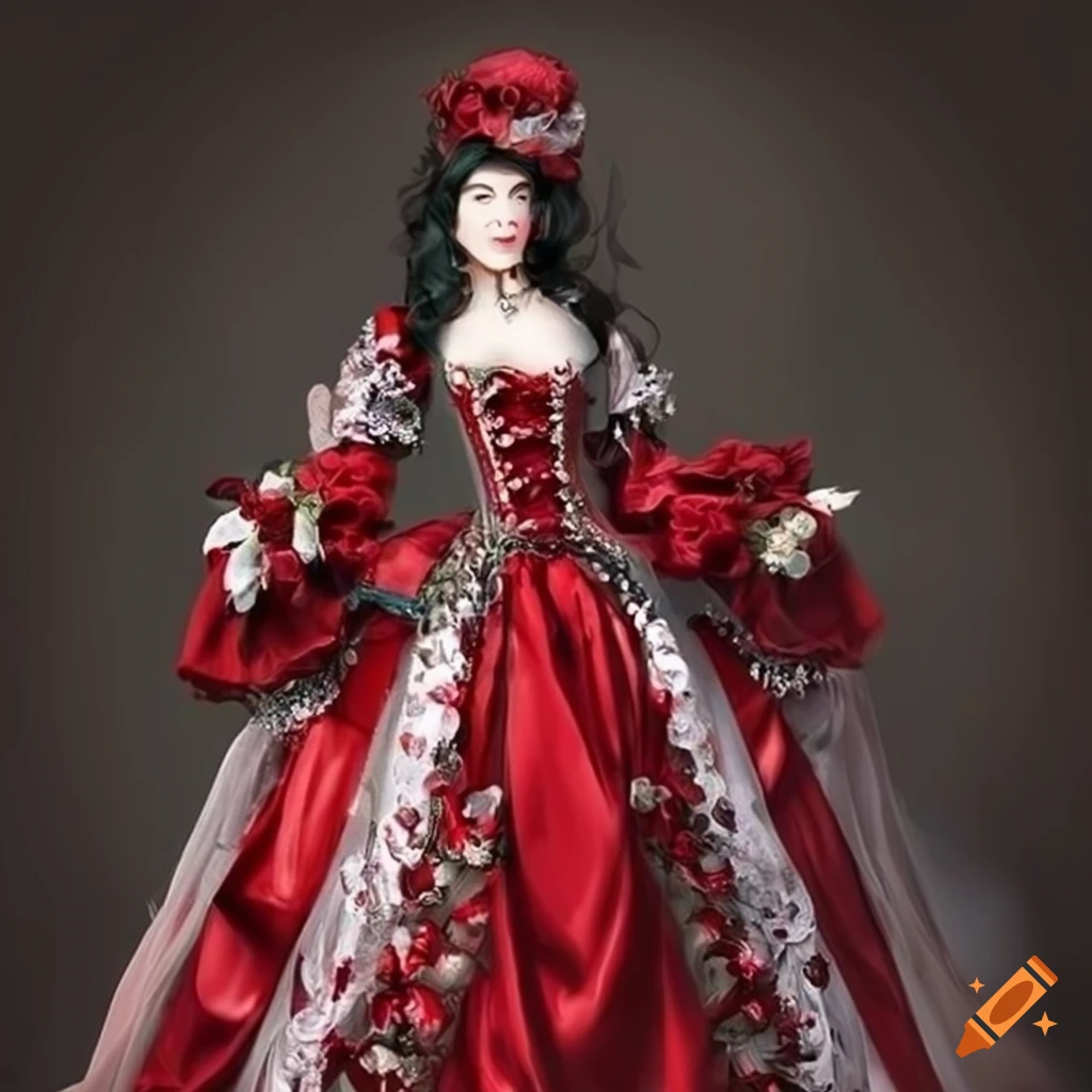 Fantasy queen in red rococo dress with white roses and black hair on ...
