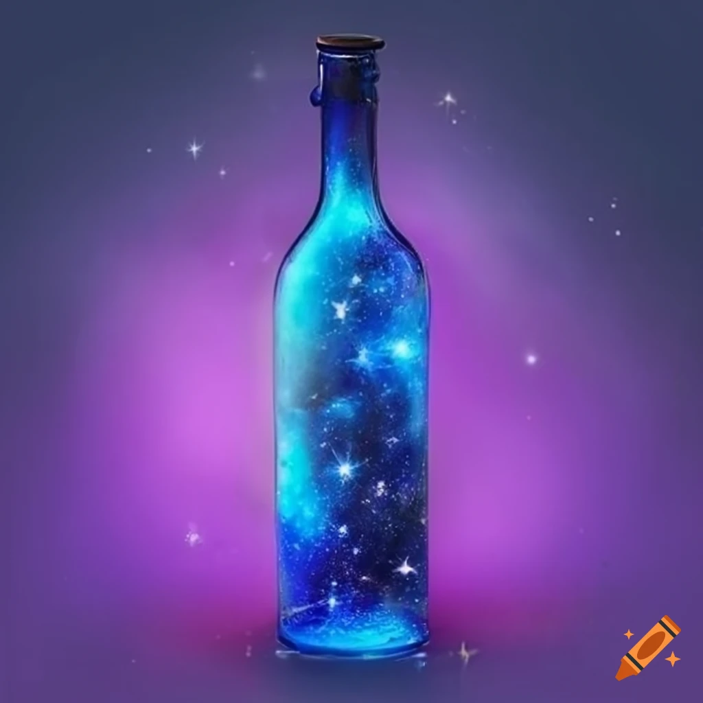 Wine bottle with galaxy glass in a blue fantasy setting on Craiyon