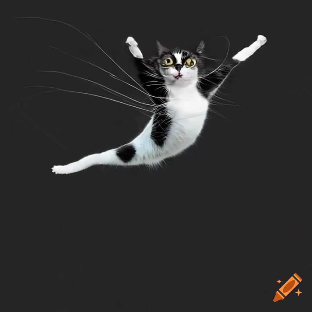 Black and white cat with extra-long legs in a spider-man pose on Craiyon