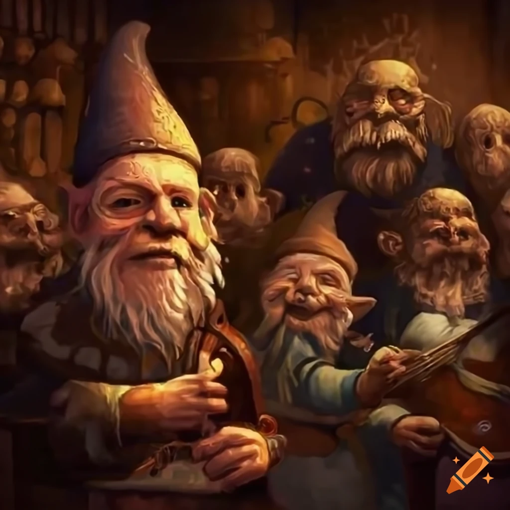Gnome band playing in a tavern with intricate crowd background on Craiyon