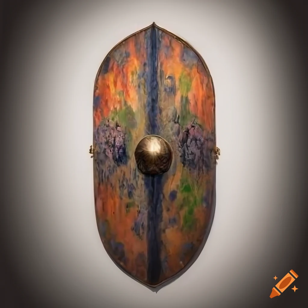 Large battle shield adorned with monet-style landscape painting on Craiyon