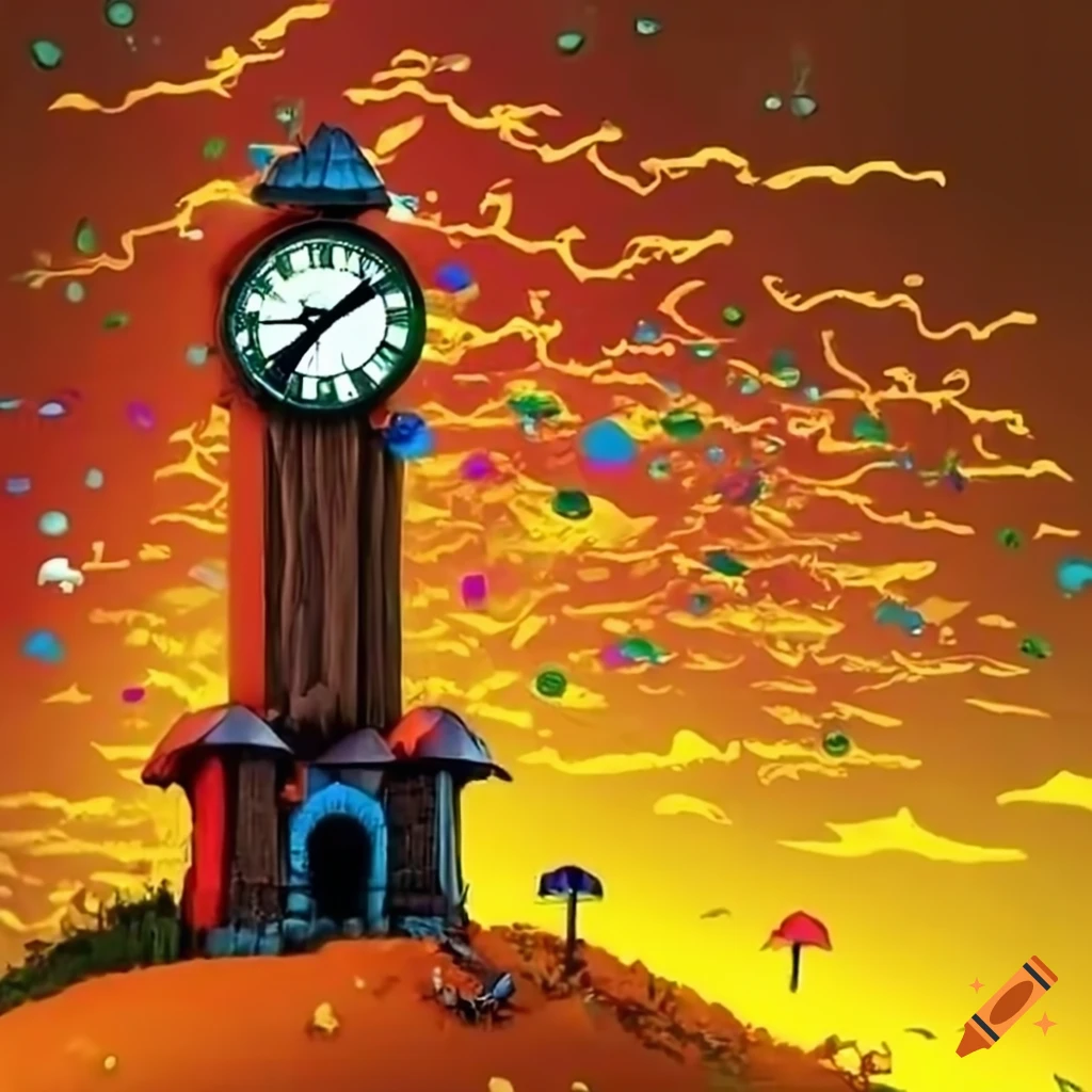 Clock tower with unique plants and mushrooms in a trippy setting on Craiyon