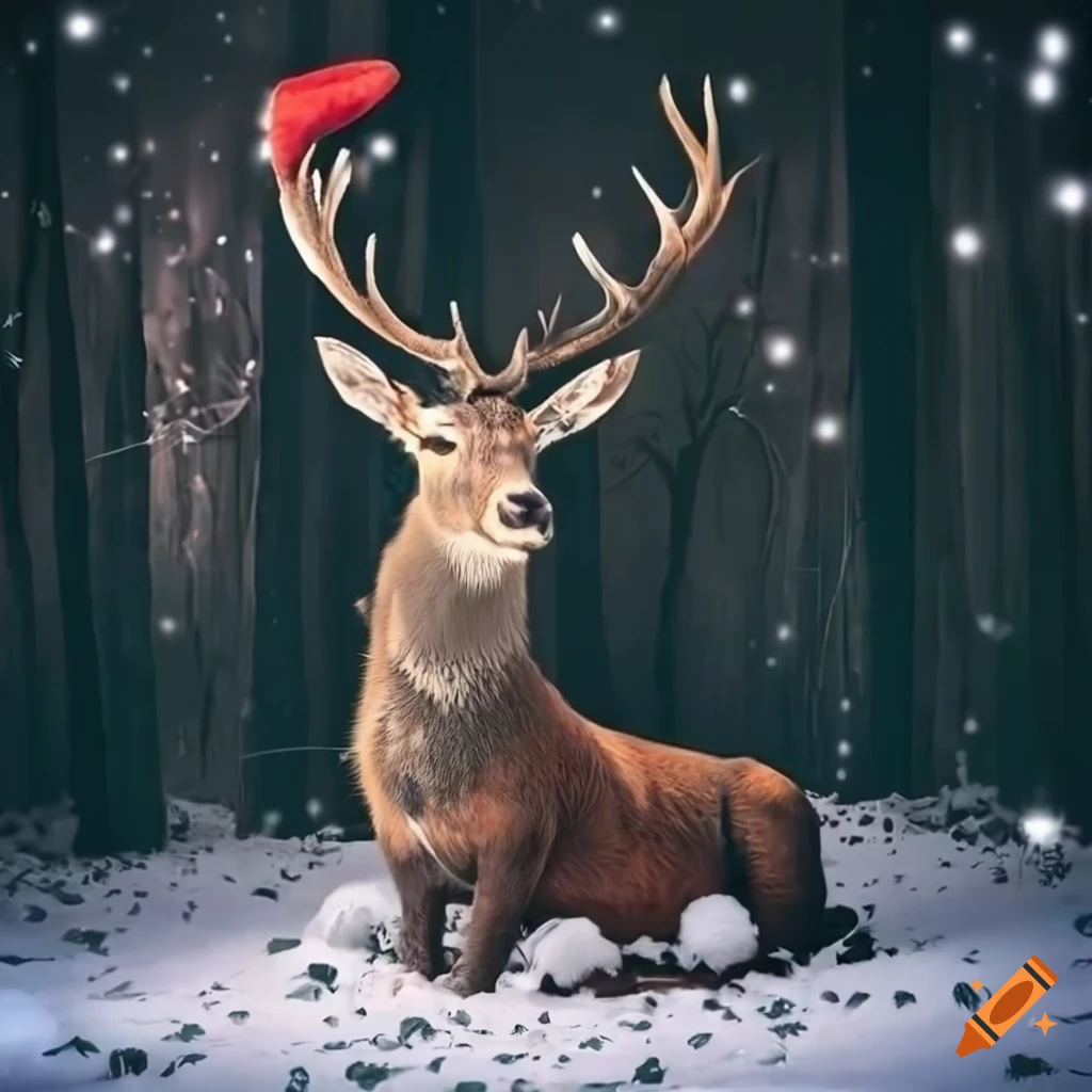 Elegant Jagermeister stag with Santa's hat in snowy forest on Craiyon