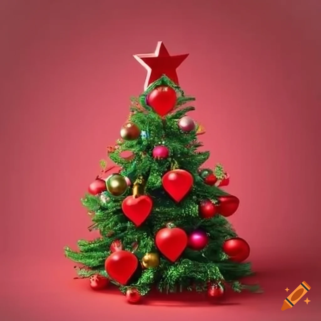 Festive Christmas tree with heart-shaped ornaments and star on top on ...