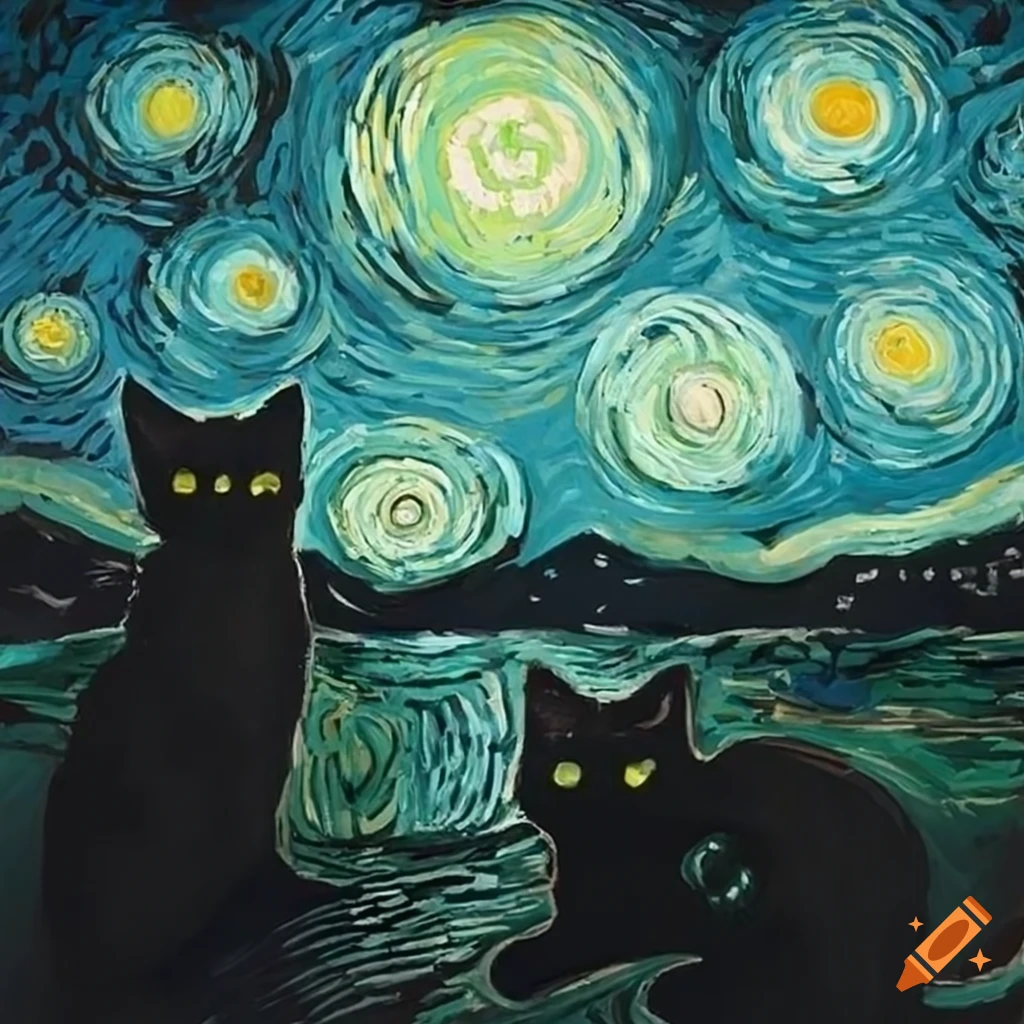 Eerie painting of two black cats in a van gogh style landscape on Craiyon