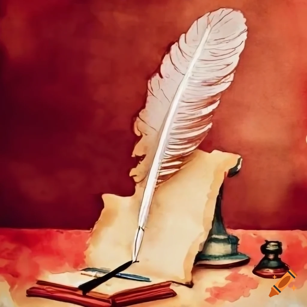 Writing with a 1700s quill on parchment paper scroll with inkstand on ...