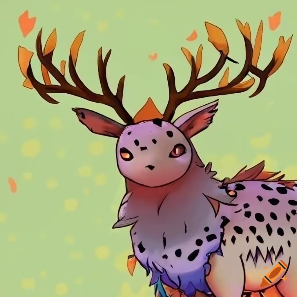 Magical elk pokémon with leaf mane and spotted fur on Craiyon