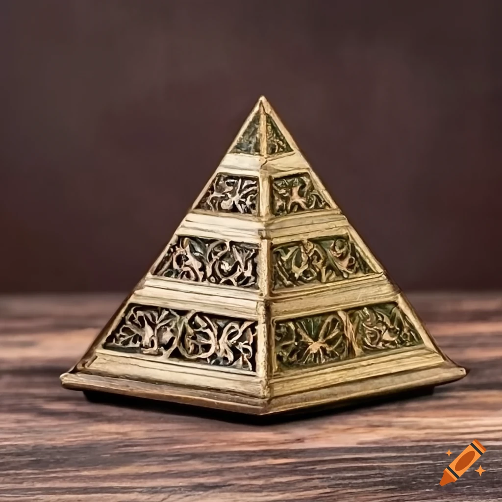 Ornamental pyramid with metallic jade inserts on a dusty wooden desk on ...