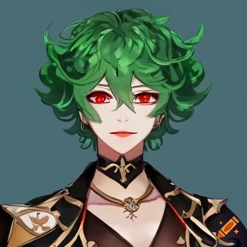 Tall man with green curly hair and red eyes on Craiyon