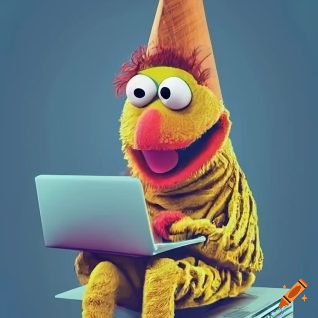 Colorful graphic of muppet cone with laptop on Craiyon