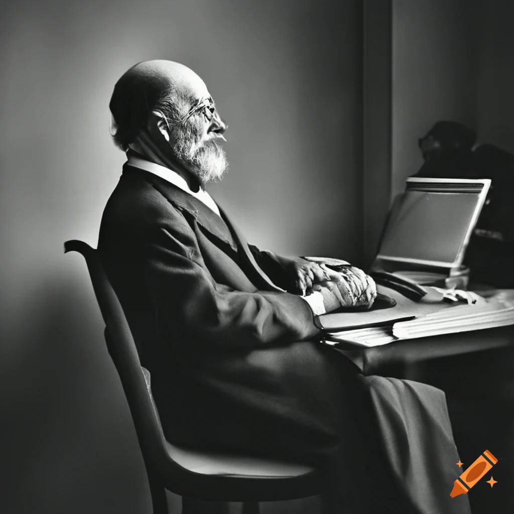 Black and white photo of freud sitting in a chair next to a computer ...