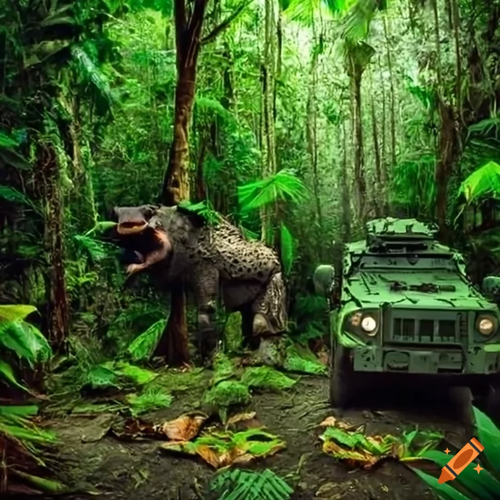 Dense jungle with dangerous animals and an armored vehicle on Craiyon
