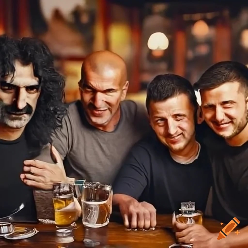 Frank Zappa, Zelensky, and Zinedine Zidane chatting and drinking in a ...